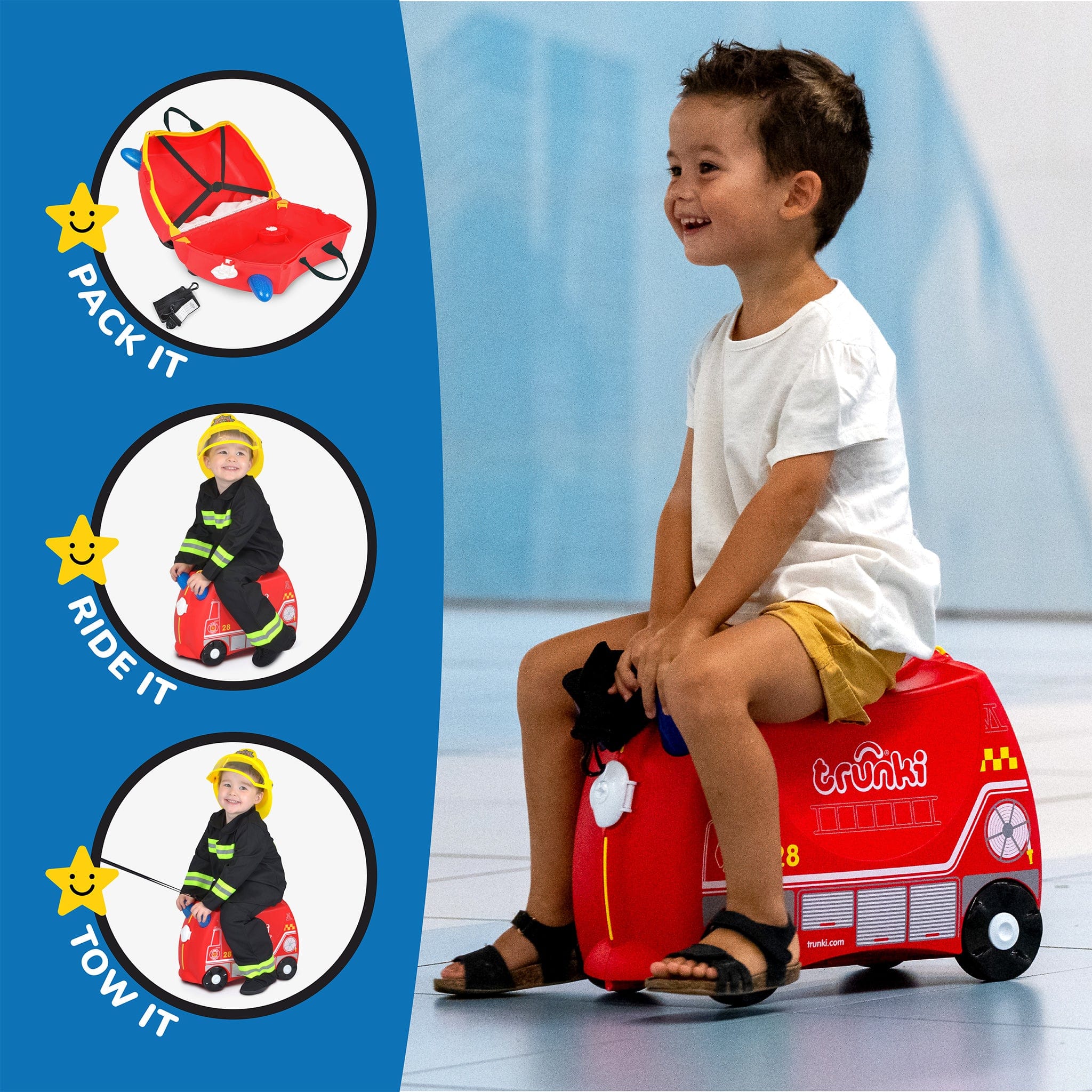 Frank the Fire Truck Trunki: Kids' Ride-On Suitcase Fun